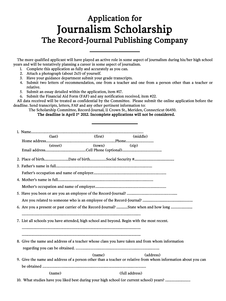 Fillable Online Journalism Scholarship Application Fax Email Print ...