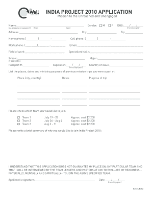 Fillable Online INDIA PROJECT 2010 APPLICATION - Clover Fax Email Print ...