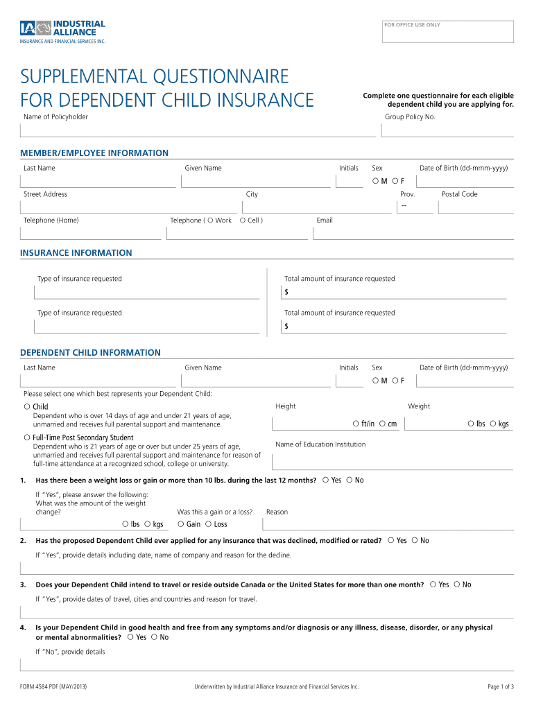 Fillable Online SUPPLEMENTAL QUESTIONNAIRE FOR DEPENDENT CHILD ...