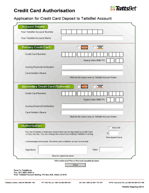 Fillable Online Credit Card Authorisation - Tatts.com Fax Email Print ...