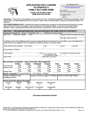 Fillable Online Application for a license to operate a family day care ...