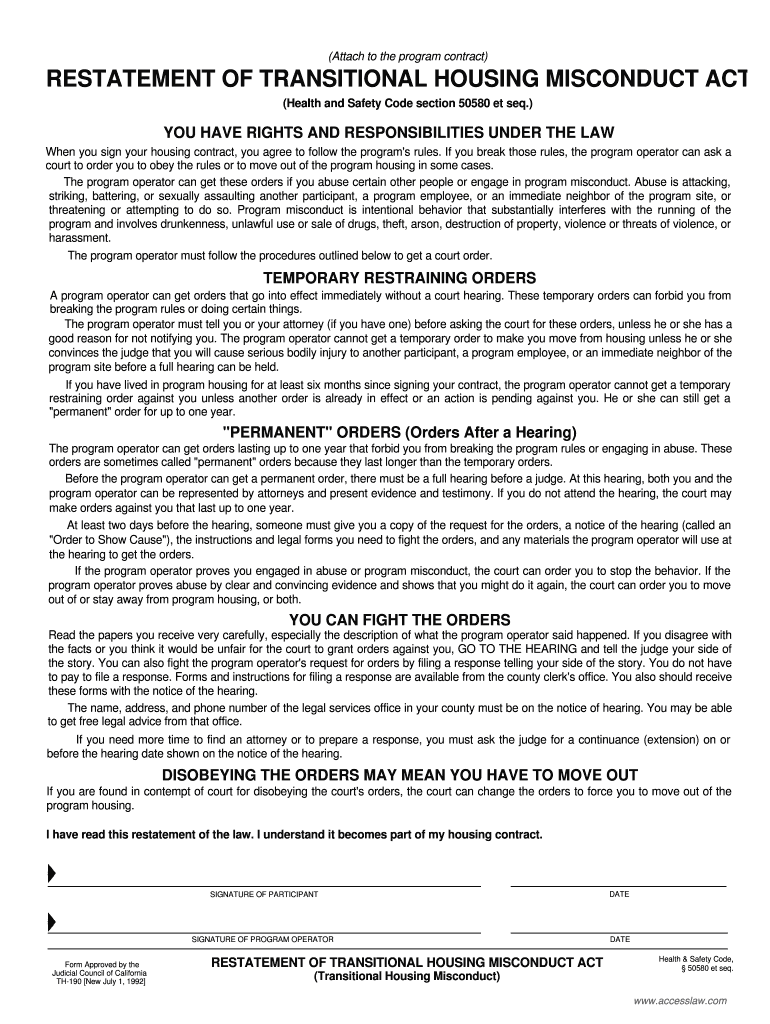 Fillable Online RESTATEMENT OF TRANSITIONAL HOUSING MISCONDUCT ACT Fax Email Print - pdfFiller