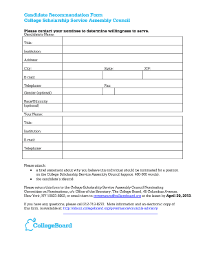 Fillable Online Candidate Recommendation Form College ... - College ...