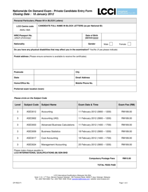 Fillable Online Nationwide On Demand Exam - Private Candidate Entry Form Fax Email Print - pdfFiller