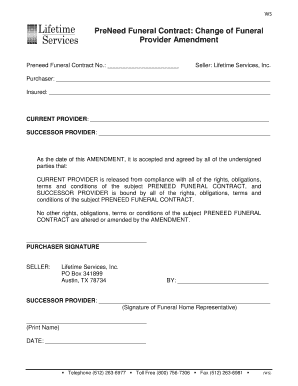 Fillable Online PreNeed Funeral Contract Change of Funeral Provider ...