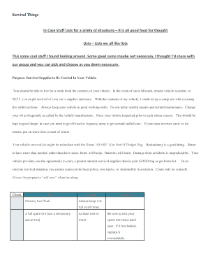 Fillable Online Survival Things In Case Stuff Lists for a ariety of ...
