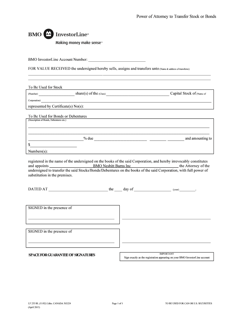 Fillable Online Power of Attorney to Transfer Stocks or Bonds - BMO InvestorLine Fax Email Print ...