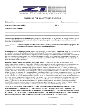 Fillable Online UNFIT FOR THE ROAD Waiver.pdf - Z1 Motorsports Fax ...