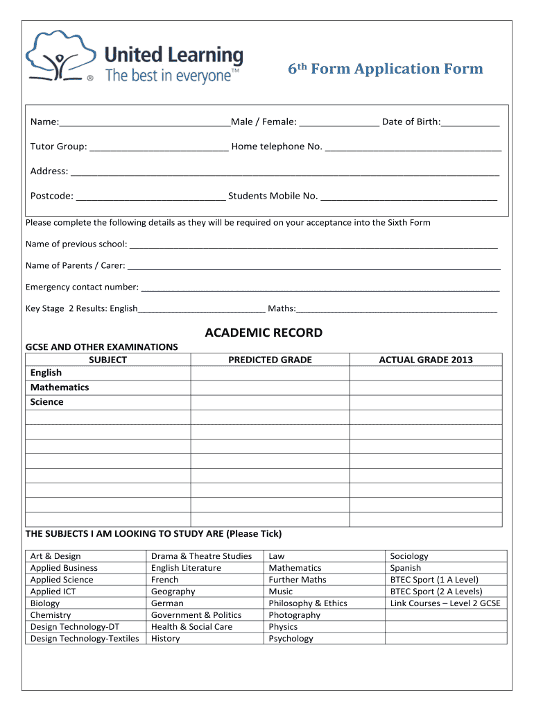 Fillable Online 6th Form Application Fax Email Print - pdfFiller