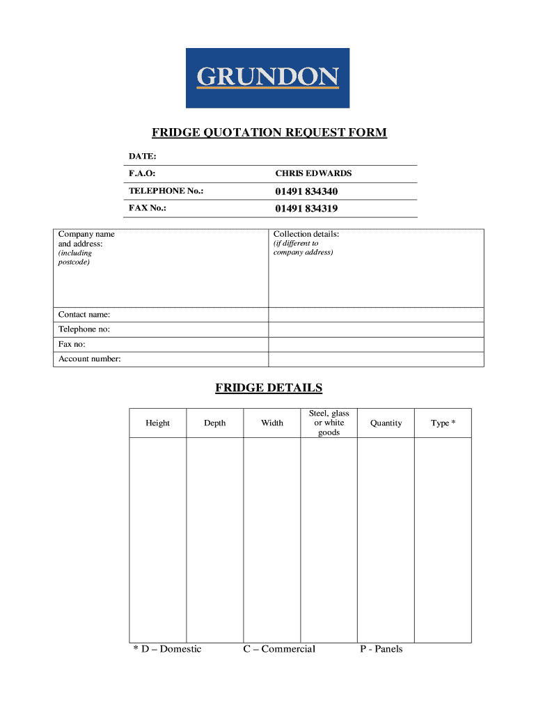 Fillable Online Fridge Quotation Request Fax Email Print - pdfFiller