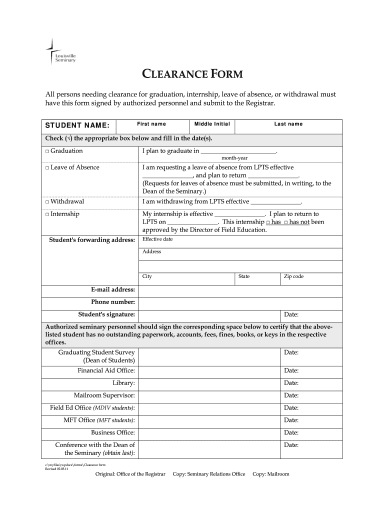 Fillable Online Clearance Form for Graduation, Internship, Leave of ...