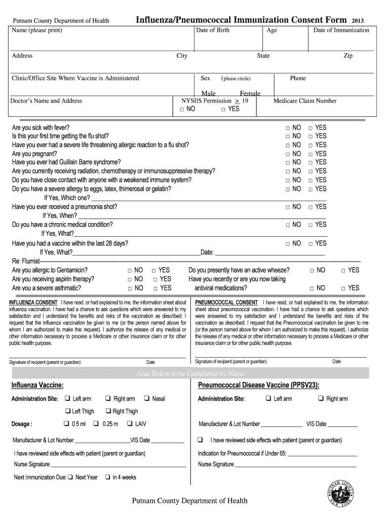 Fillable Online Influenza/Pneumococcal Immunization Consent Fax Email ...