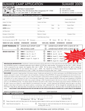 Fillable Online SUMMER CAMP APPLICATION SUMMER 2009 - Sportime Fax ...