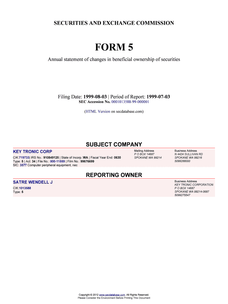 Fillable Online KEY TRONIC CORP (Form: 5, Filing Date: 08/03/1999) Fax Email Print - pdfFiller