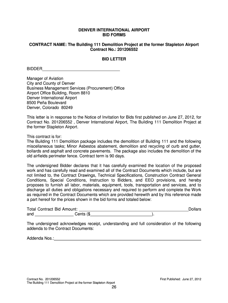 Fillable Online Denver International Airport - Bid for The Building 111 Demolition Project Fax ...