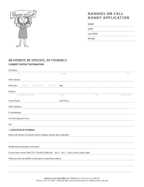 Fillable Online Nannies on Call Application Form - Online Education Job ...