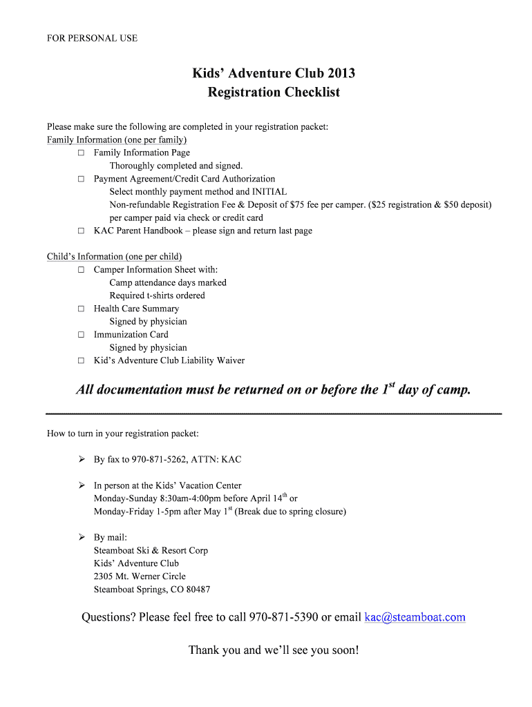 Fillable Online Kids' Adventure Club 2013 Registration Checklist All ...