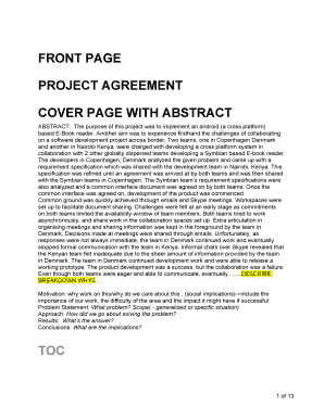 Fillable Online Front page project agreement cover page with abstract ...