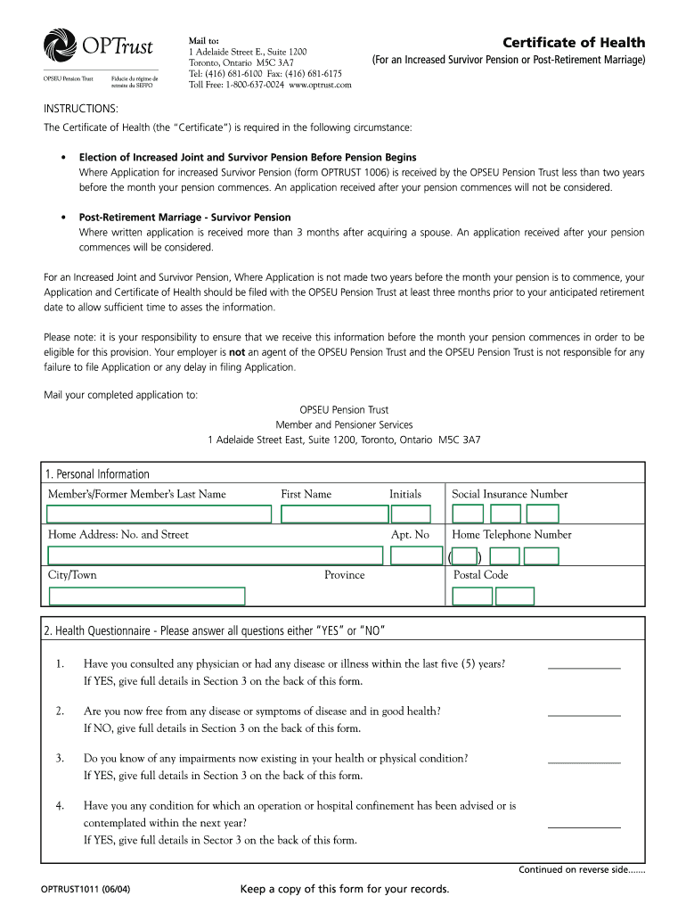 Fillable Online Certificate of Health ( ) - OPTrust Fax Email Print ...