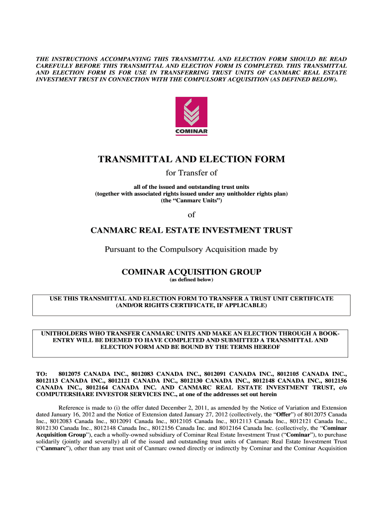 Fillable Online TRANSMITTAL AND ELECTION FORM - Canadian Stocks Fax ...