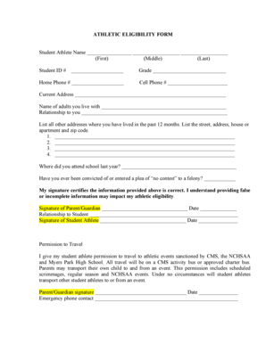 Fillable Online ATHLETIC ELIGIBILITY FORM Student Athlete Name Fax ...