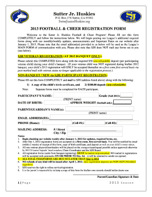 Fillable Online 2013 football & cheer registration form ...
