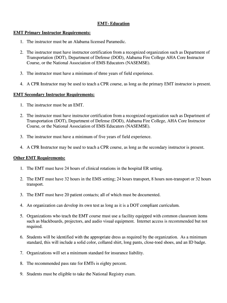 Fillable Online EMT- Education EMT Primary Instructor Requirements: 1 ...