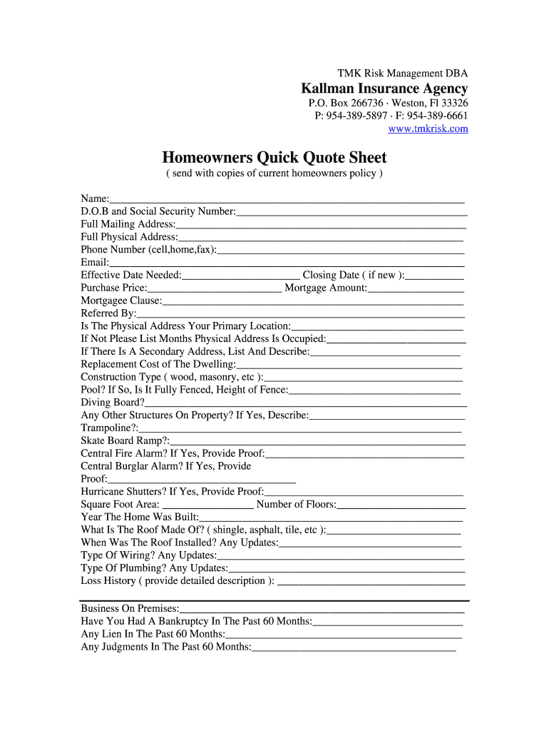 Fillable Online Homeowners Quick Quote Sheet - Tom Kallman Insurance ...