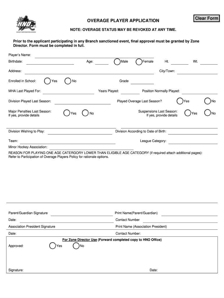 Fillable Online OVERAGE PLAYER APPLICATION Clear Form - RAMP Interactive Fax Email Print - pdfFiller