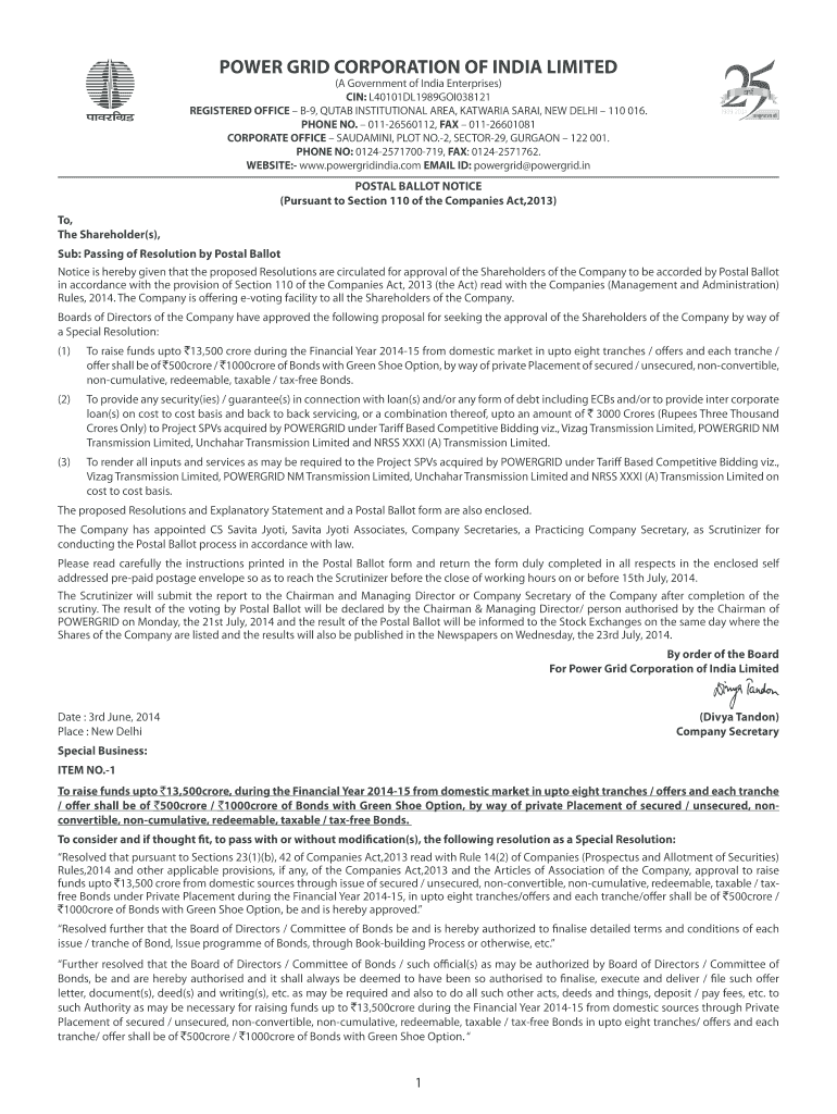 Fillable Online POSTAL BALLOT NOTICE Fax Email Print - pdfFiller