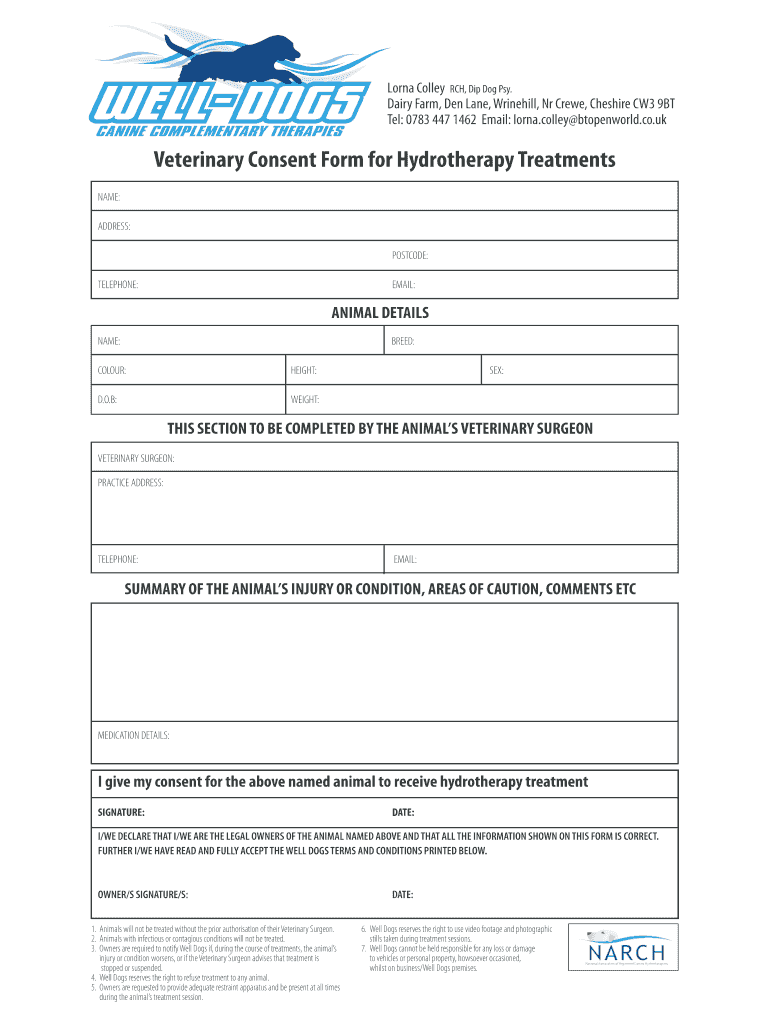 Fillable Online Veterinary Consent Form for Hydrotherapy Treatments Fax ...