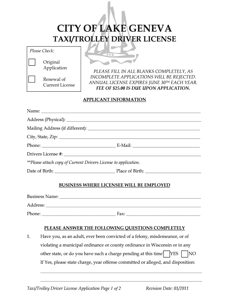 Fillable Online City of lake geneva taxi/trolley driver license Fax ...