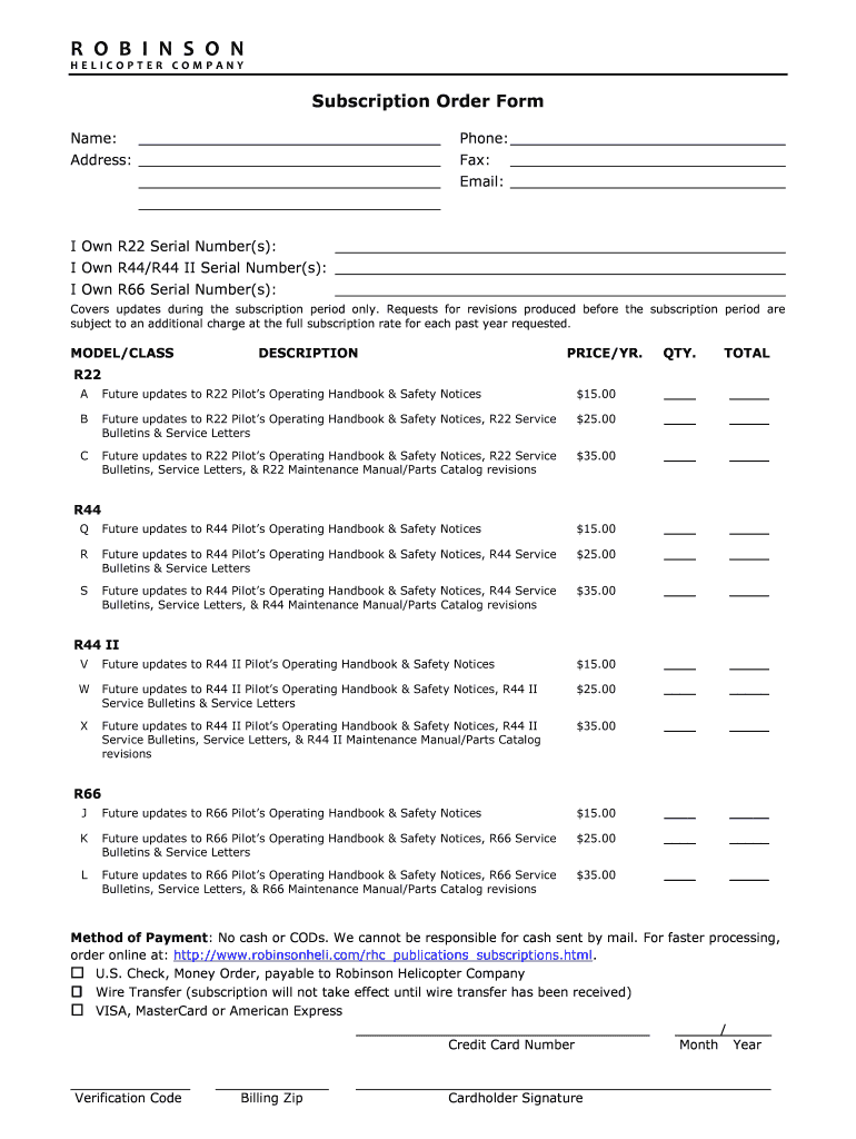 Fillable Online Robinson Helicopter Company Subscription Order Form Fax Email Print - pdfFiller