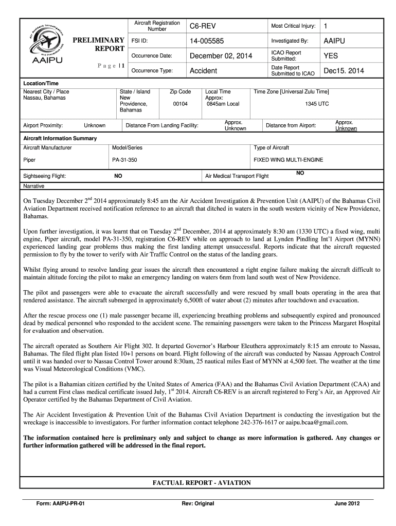 Fillable Online PRELIMINARY Aircraft Registration C6-REV Most Critical ...