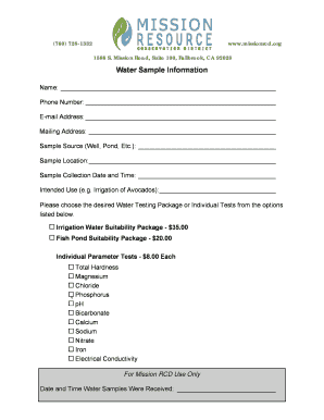 Fillable Online missionrcd Water Sample Information Sheet ...