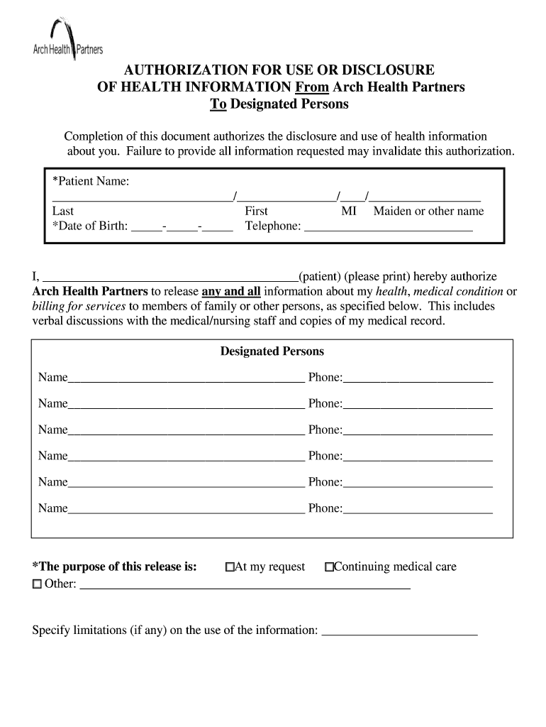 Fillable Online archhealth OF HEALTH INFORMATION From Arch Health ...