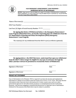 Fillable Online HUD EMERGENCY HOMEOWNERS LOAN PROGRAM BORROWER NOTICE ...