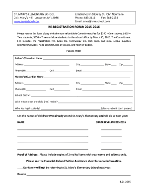 Fillable Online RE-REGISTRATION FORM 2015-2016 - smeschoolcom Fax Email ...