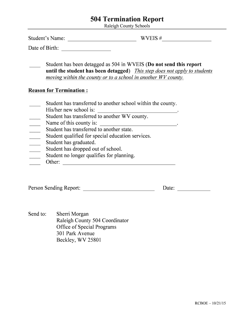 Fillable Online sped rale k12 wv 504 Termination Reportdocx - sped rale ...