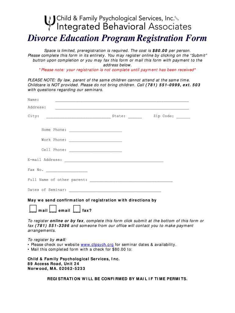 Fillable Online cfpsych Divorce Education Program Registration Form Fax ...