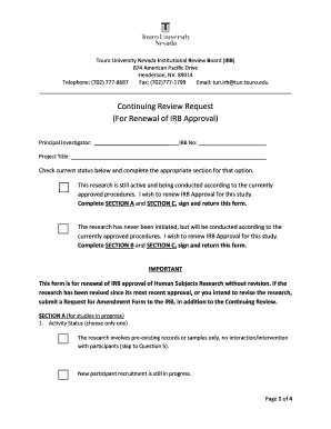 Fillable Online Continuing Review Request For Renewal of IRB Approval ...