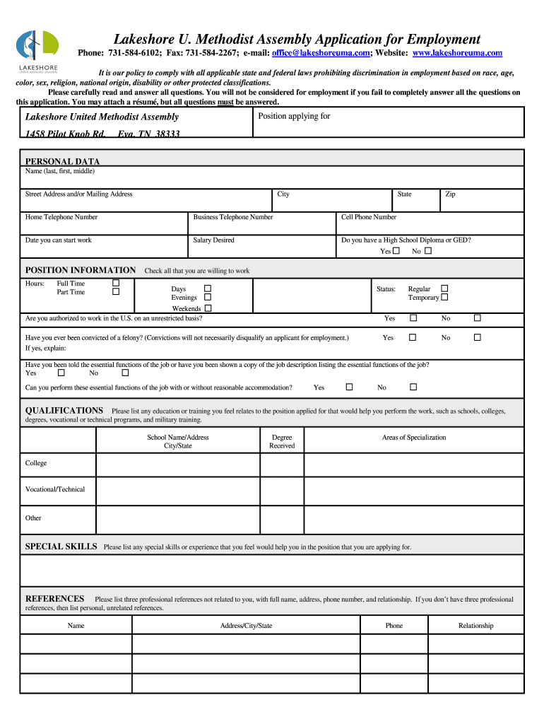 Fillable Online Lakeshore U Methodist Assembly Application for ...