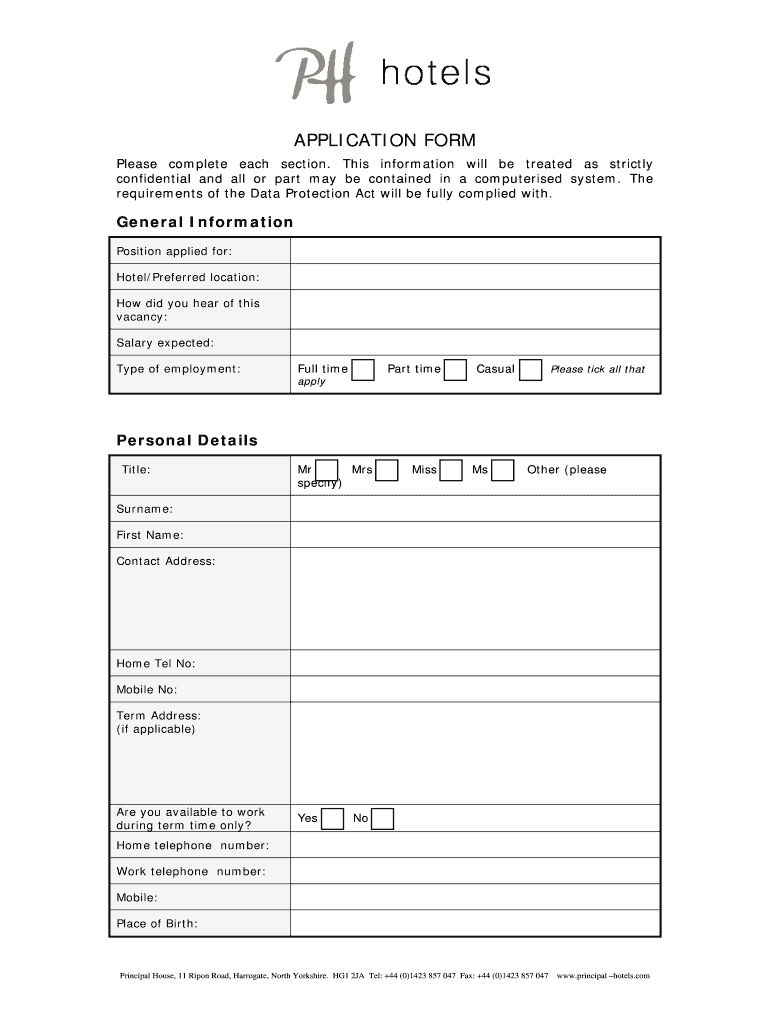 Fillable Online APPLICATION FORM - Principal Hayley PH Hotels Fax Email ...