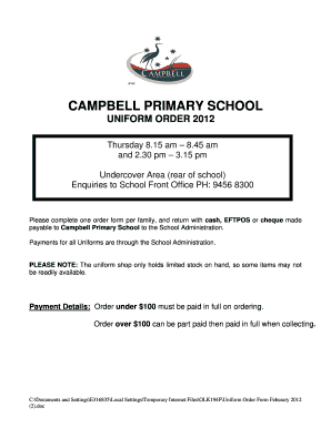 Fillable Online campbellprimaryschool wa edu Uniform Order Form Feburary 2012 2doc ...