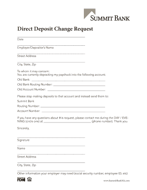 Fillable Online Direct Deposit Change Request (PDF) - Summit Bank NA ...