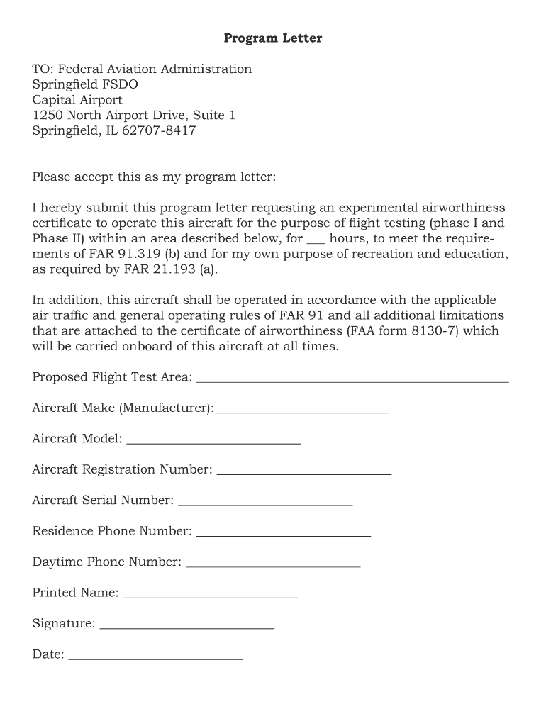 Fillable Online Program Letter TO: Federal Aviation Administration ...