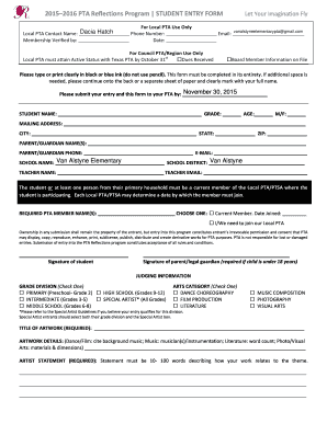 Fillable Online 20152016 PTA Reflections Program STUDENT ENTRY FORM Let ...
