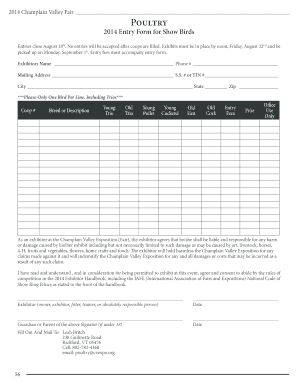 Fillable Online champlainvalleyfair 2014 Entry Form for Show Birds ...