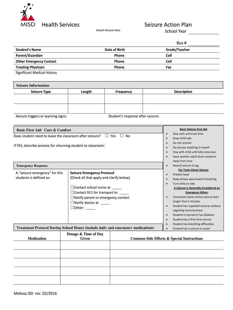 Fillable Online melissaisd Health Services Seizure Action Plan ...