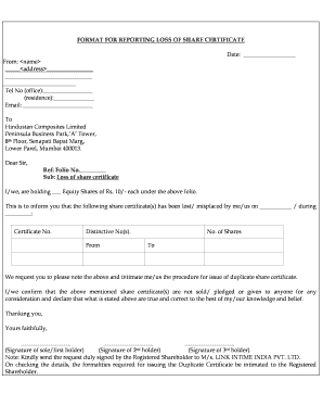 Fillable Online Format for reporting loss of share certificate ...